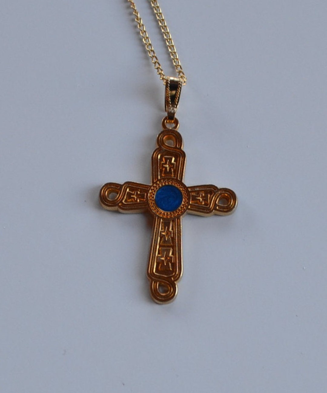 Vintage High End Gold Metal Blue Enamel Cross Pendant Necklace Unusual ...