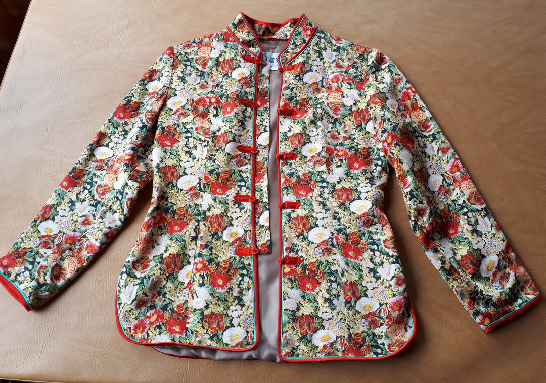 Vintage Women Traditional Chinese Silk Tunic Jacket Floral Print Red ...