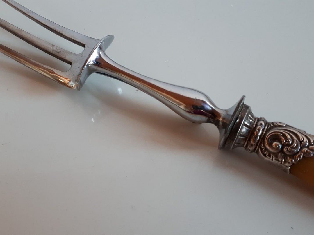Big Antique Serving Fork With High Relief Silver Decoration and Horn ...