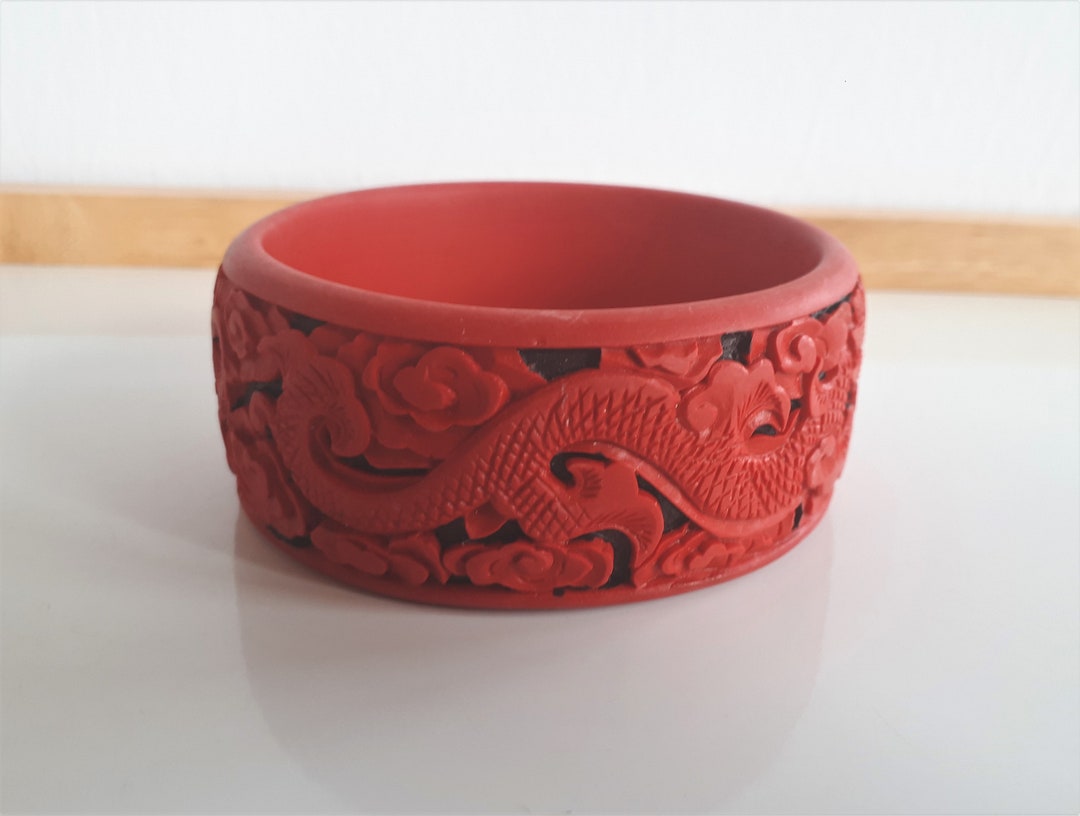 Superb Wide Vintage Chinese Export Deep Carved Red Cinnabar Black ...