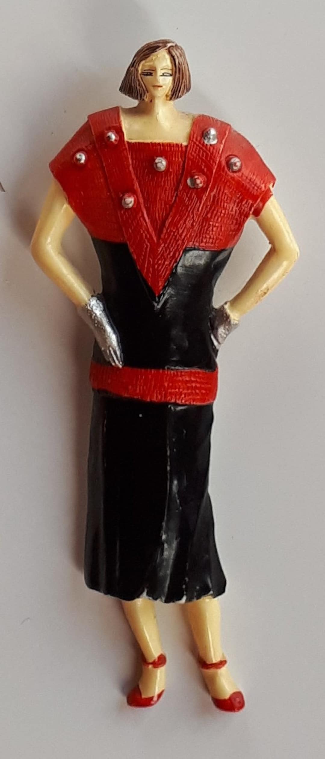 Enormous Hand Painted Molded Celluloid Lady Red Black Dress Silhouette ...