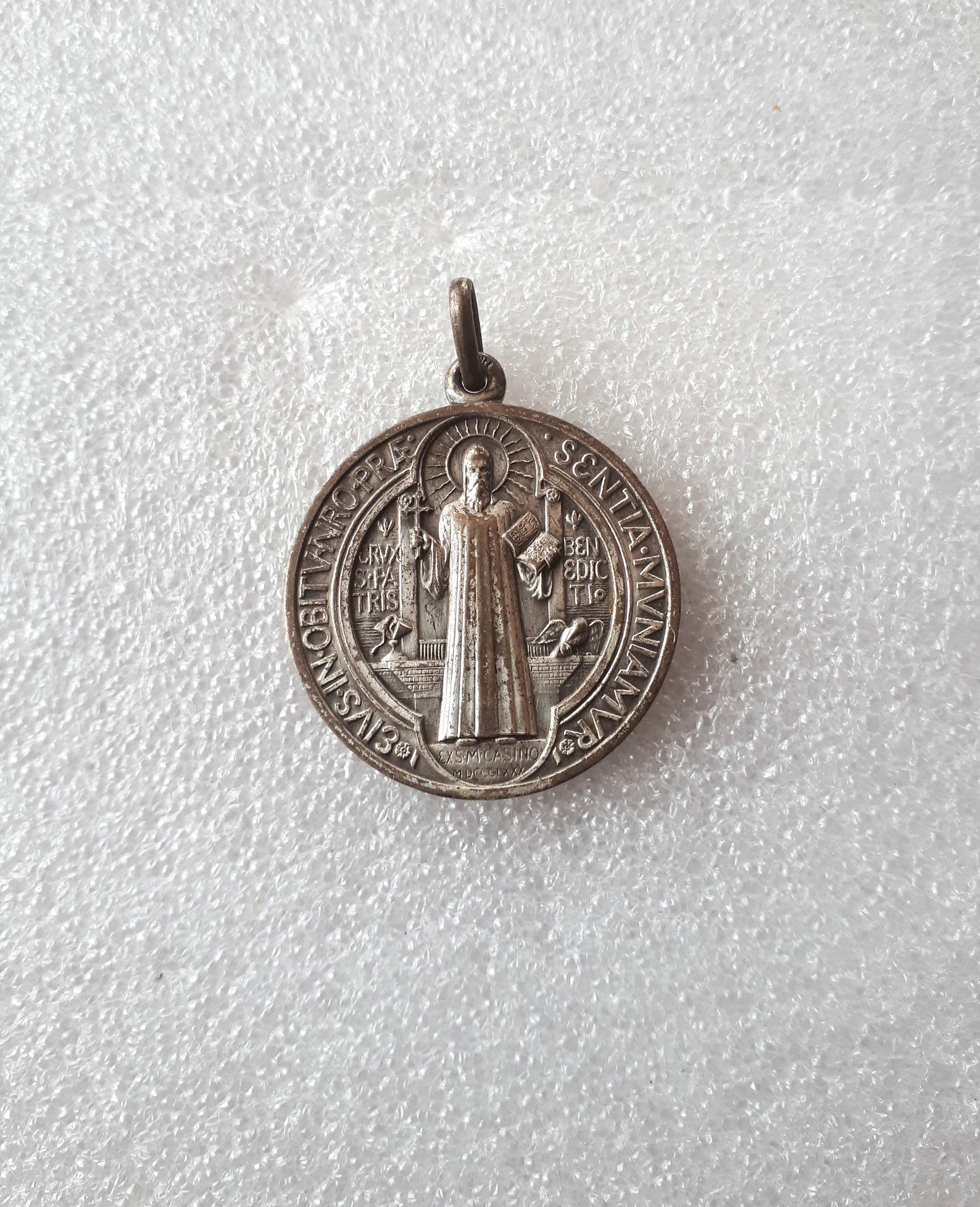 Big Antique France Signed Saint Benedict Silver Plate on Bronze ...