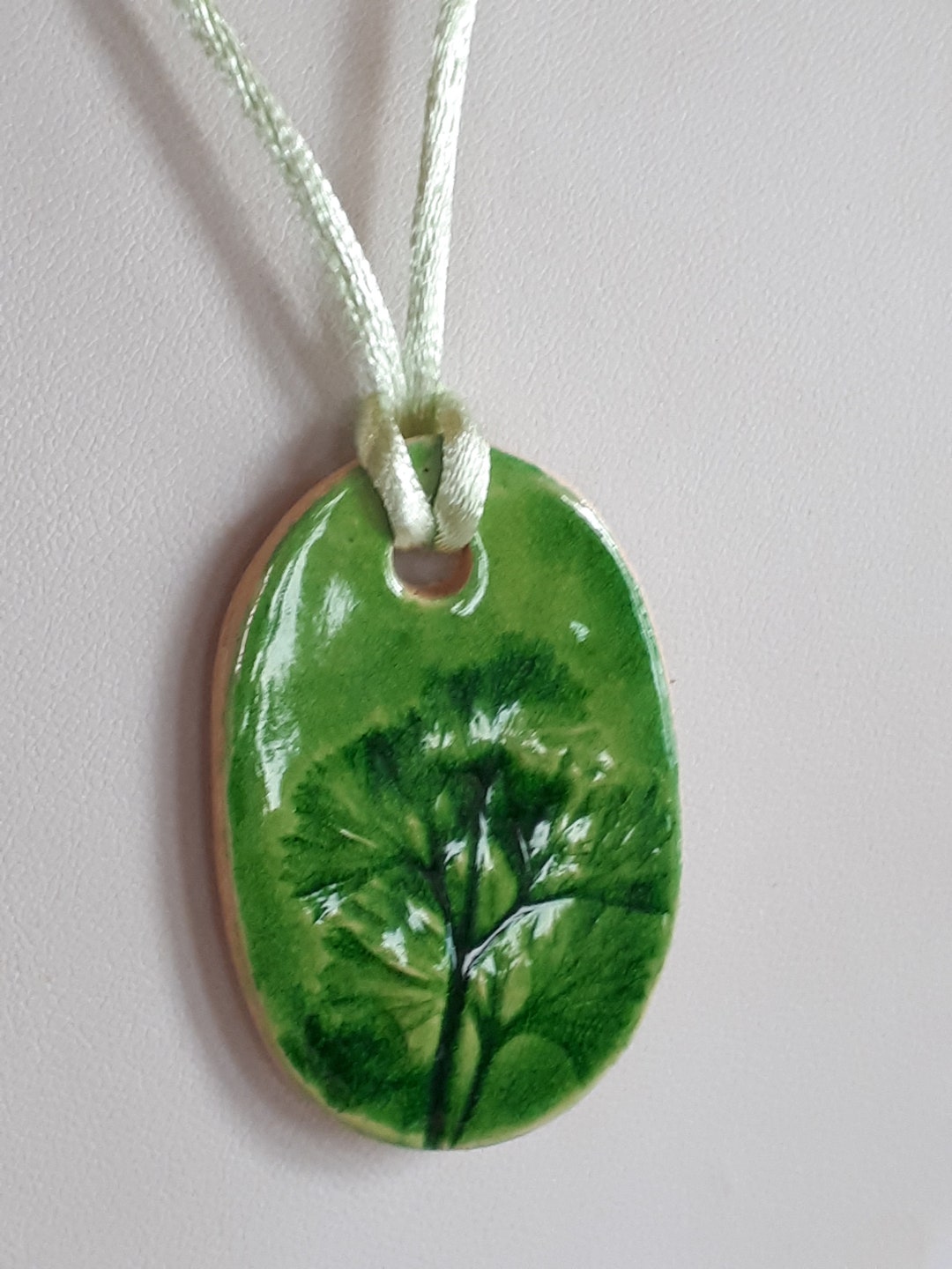 Unique Vintage Green Glazed Ceramic Tree Design Oval Pendant Necklace ...