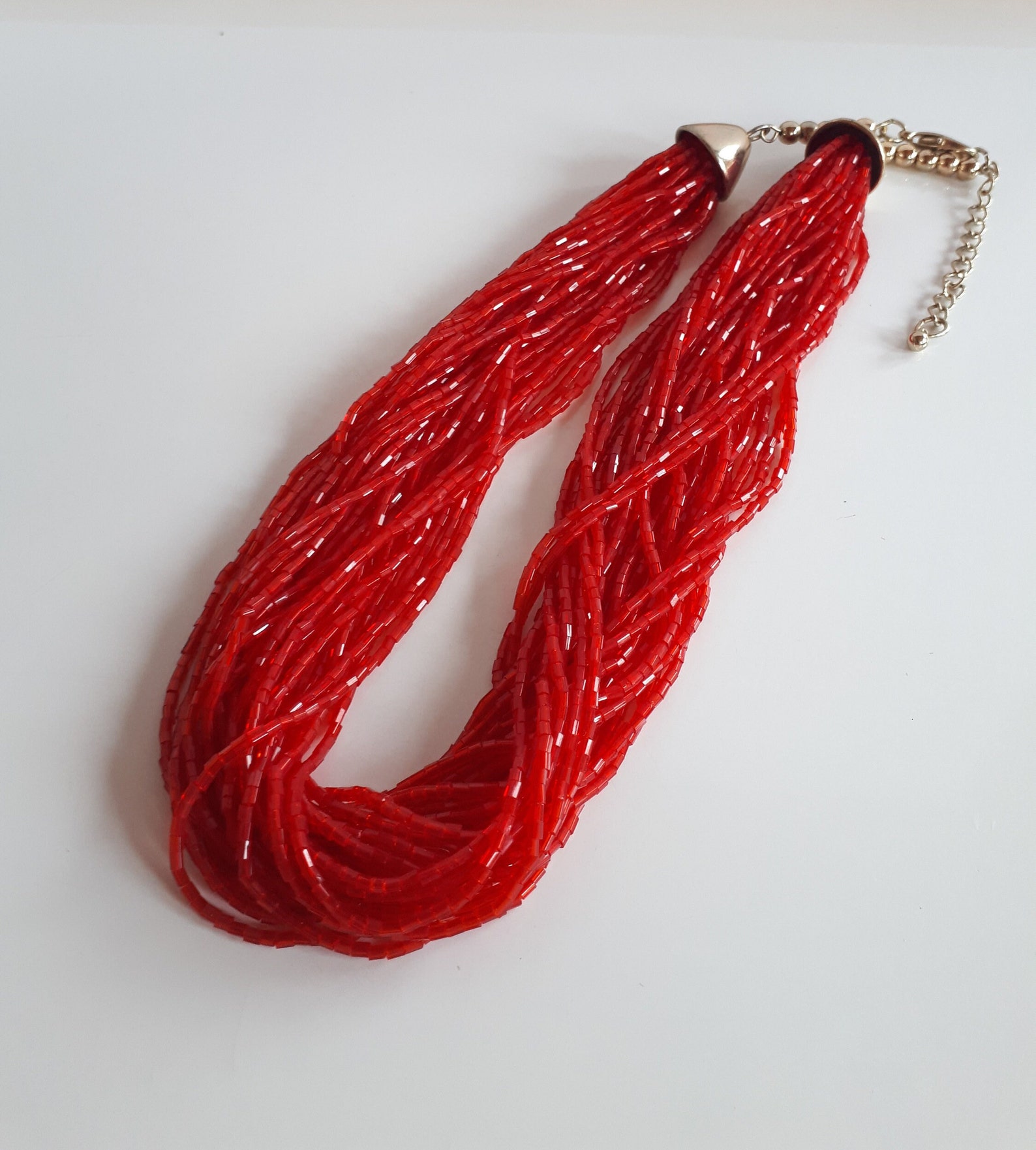 STATEMENT Vintage Brilliant Vivid Red Glass Multi Strand Torsade Choker ...