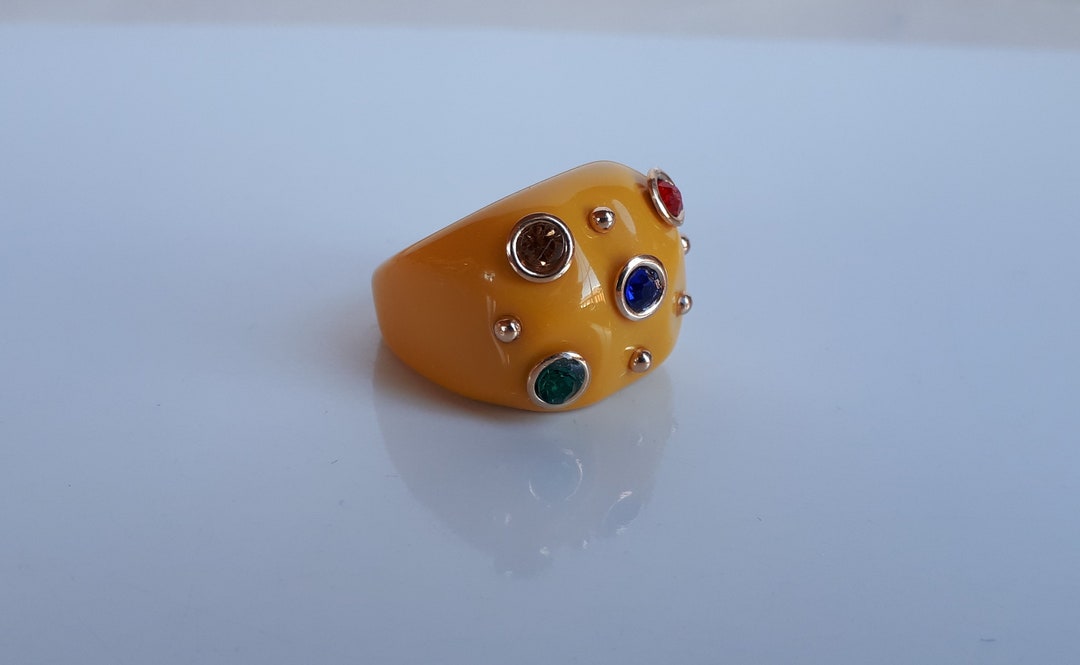 Mustard Yellow Lucite Encrusted Multi-color Rhinestones Statement Ring ...