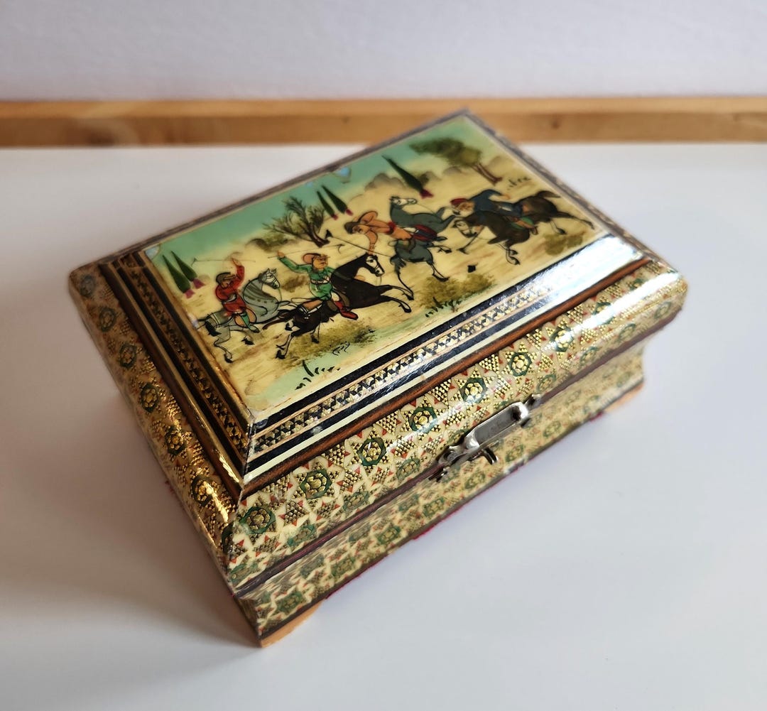 Old Persian Khatam Wood Marquetry Gold Tone Metal Inlay Jewelry Trinket ...