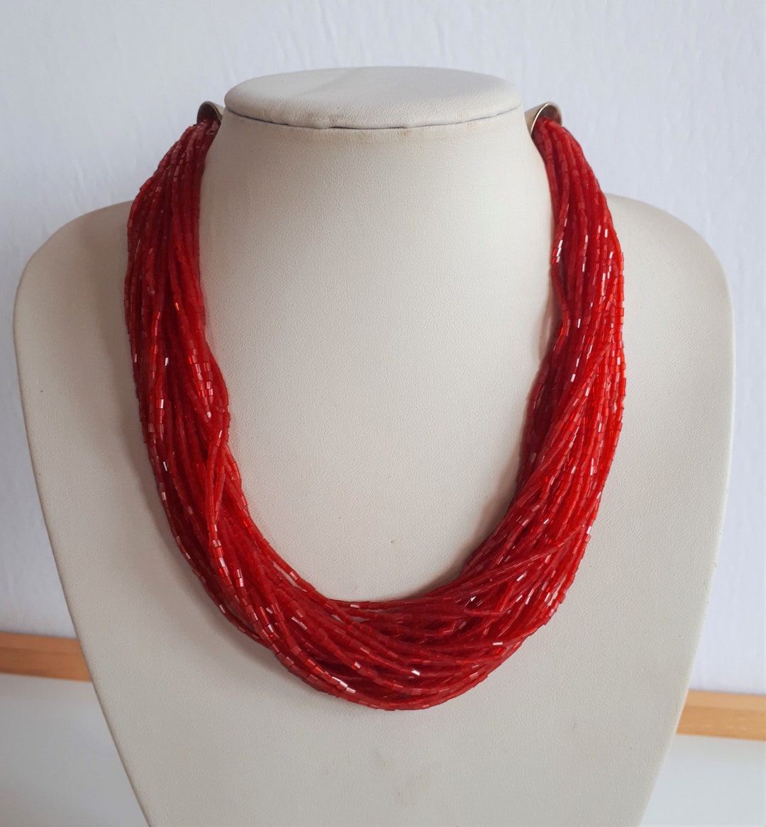 STATEMENT Vintage Brilliant Vivid Red Glass Multi Strand Torsade Choker ...