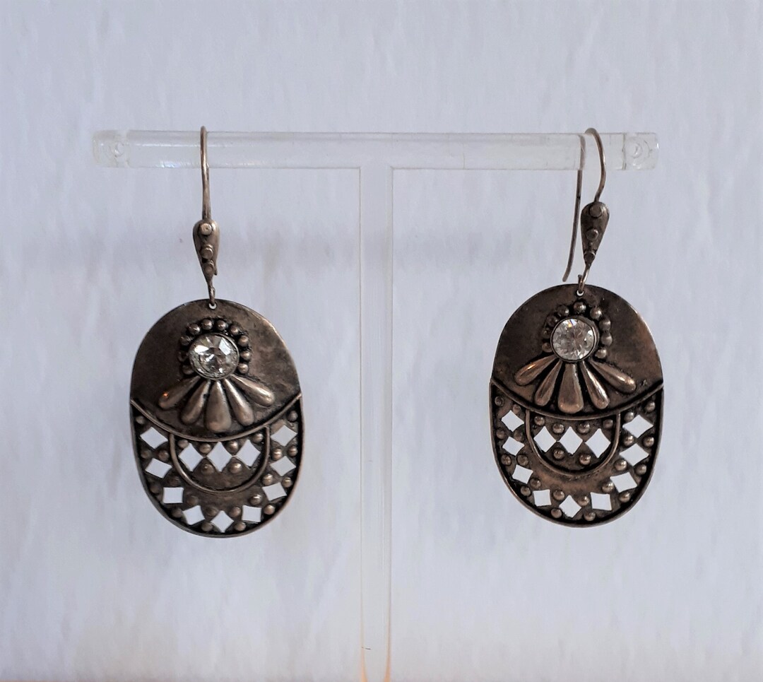 Large BOHO Vintage Open Work Sterling Silver 925 Oval Dangle Earrings ...
