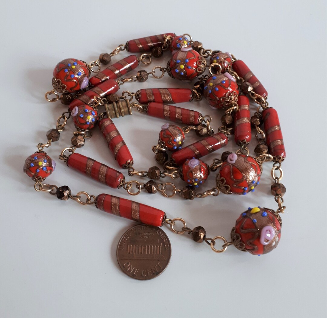 Superb ART DECO Italy MURANO Glass Red Wedding Cake Mica Inlay Beaded ...