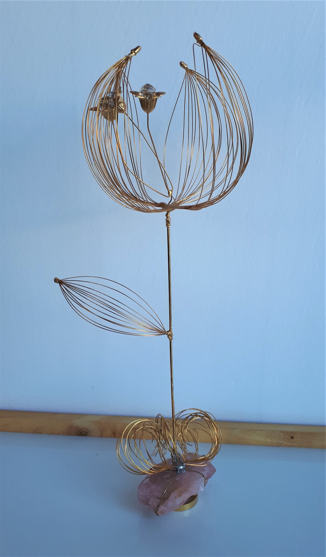 Vintage Gold Metal Wire Work and Pink Quartz Dimensional Stylized ...