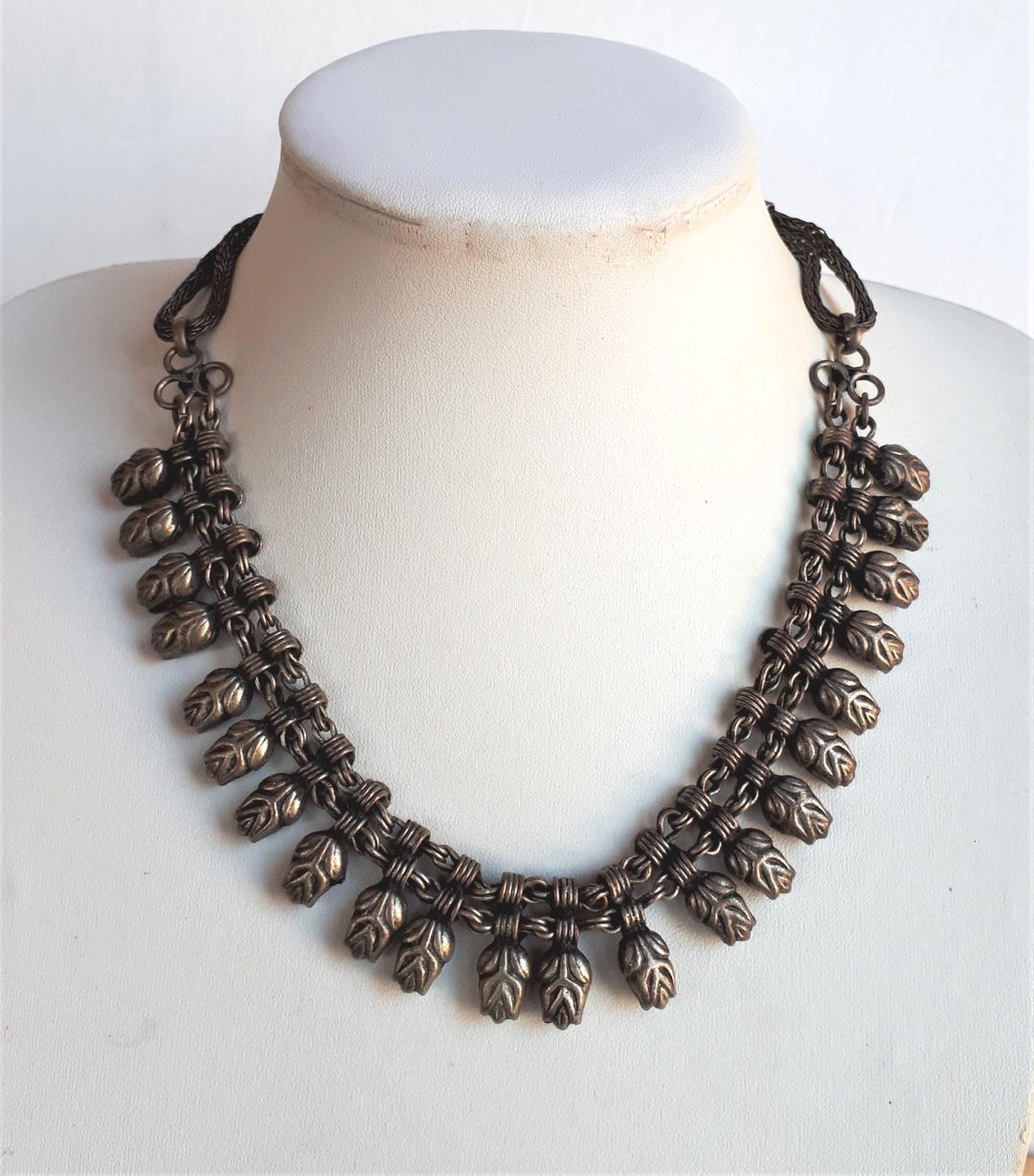Old Vintage Tribal Silver Plate on Copper Choker Bib Necklace With Buds ...