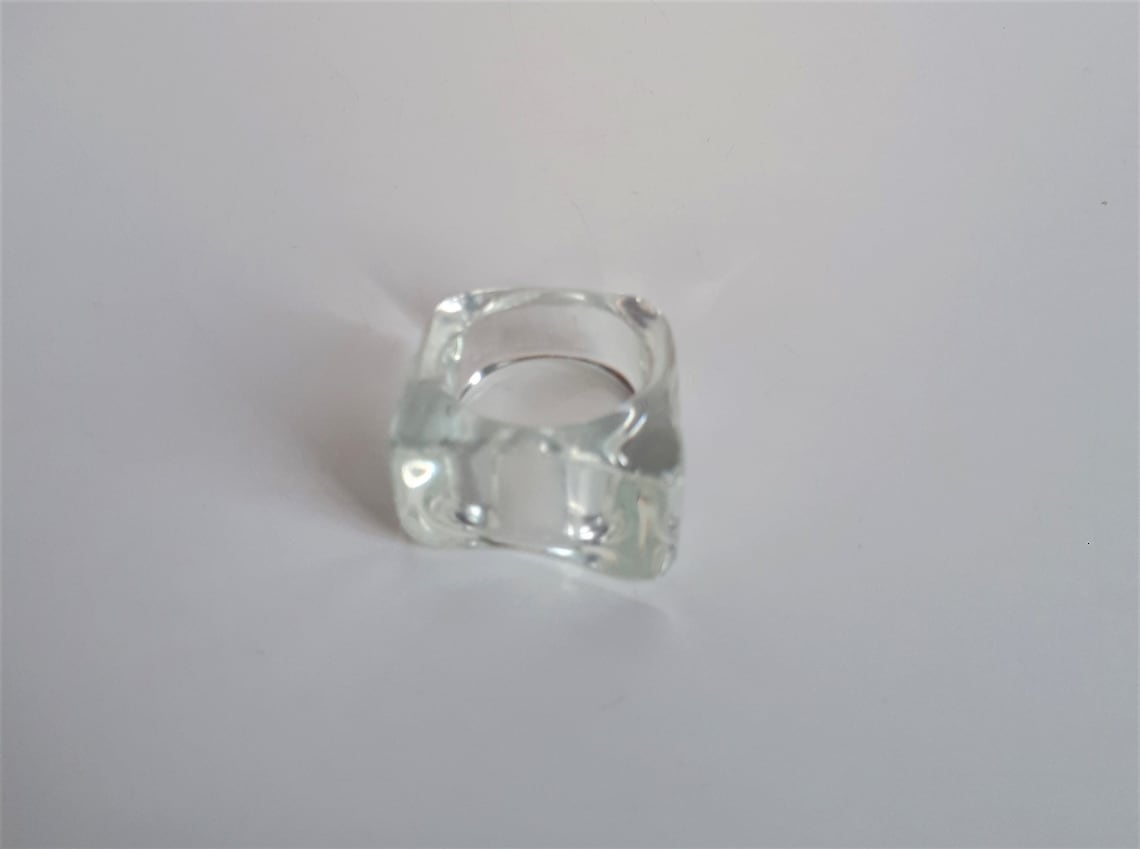 Transparent Clear Lucite Plastic Ring With Concave Wavy Rectangular Top ...