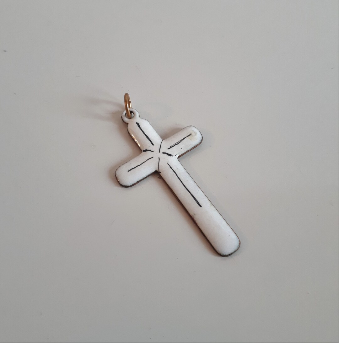 Big Vintage 70s Cross Pendant White Glazed Enamel on Copper Unisex - Etsy