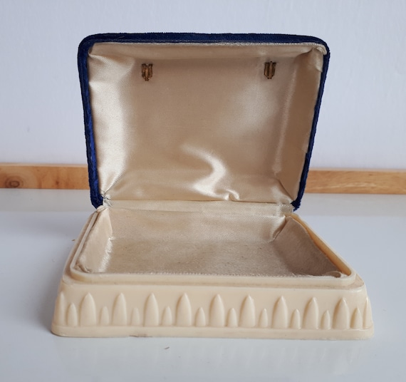 Antique Art Deco Jewelry Box: Blue Velvet, Cream Sati… - Gem