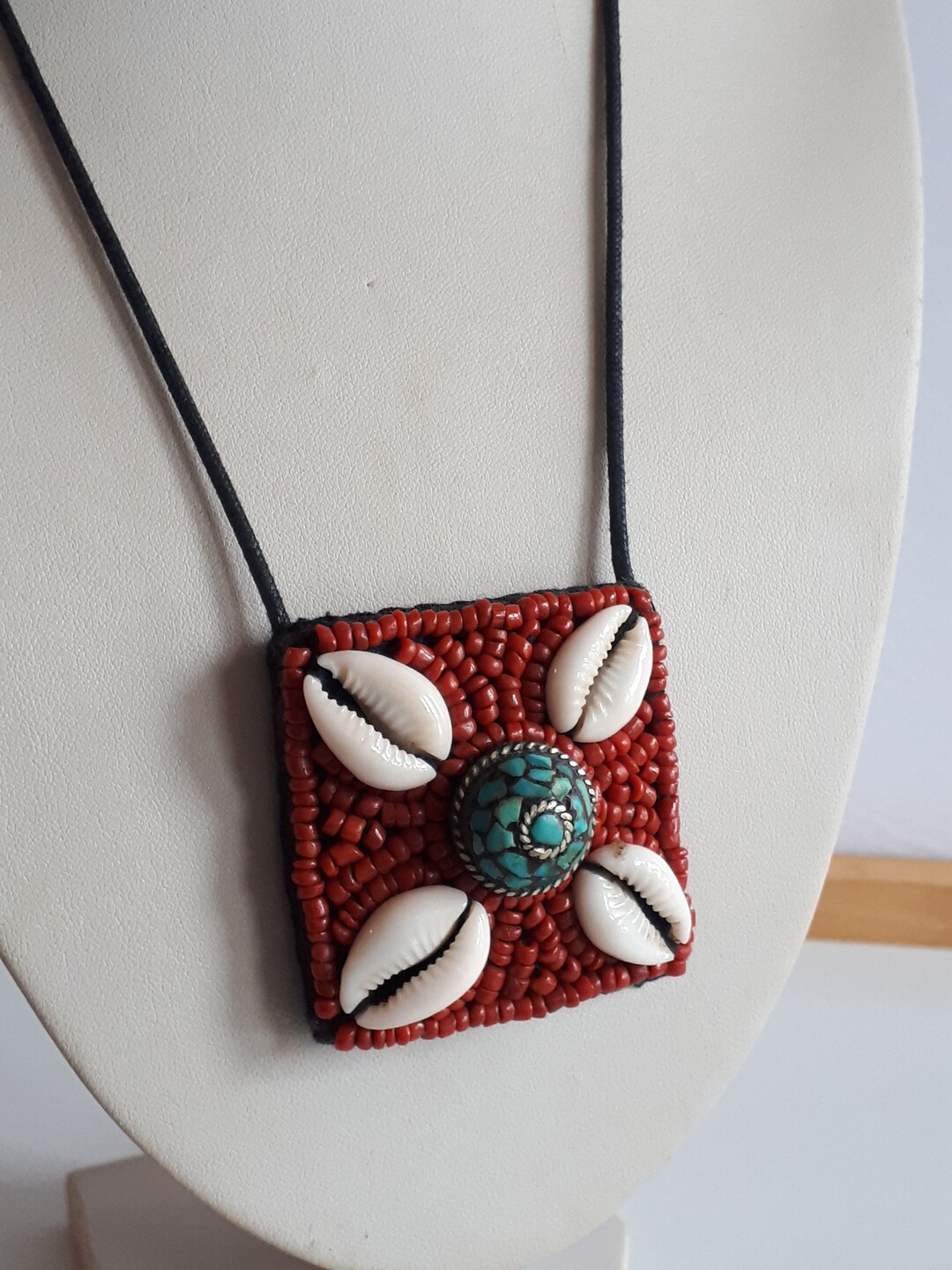 Vintage Tibet Red Coral Glass Seeds Beadwork Cowrie Shell Encrusted ...