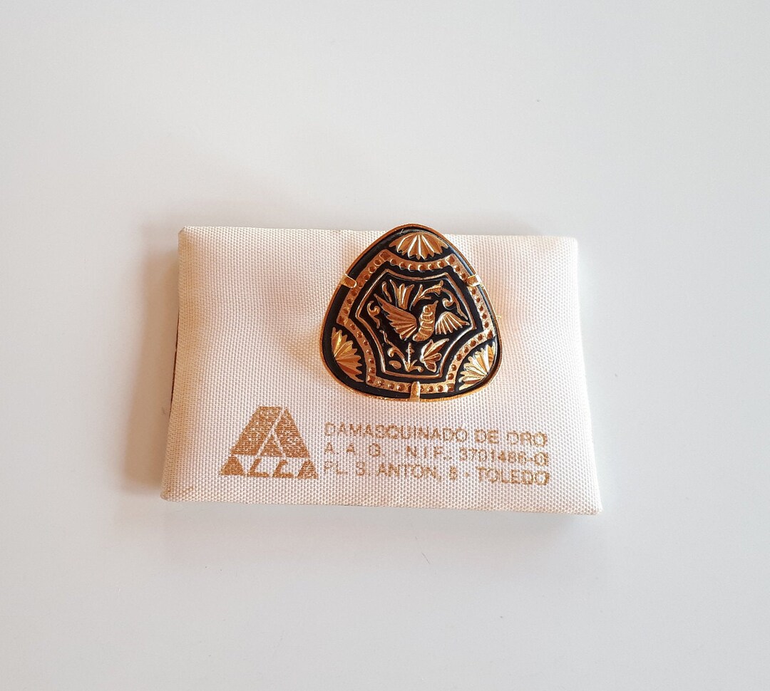 Vintage 50s Spain Toledo Damascene Gold 24 K Black Steel Brooch Pin ...