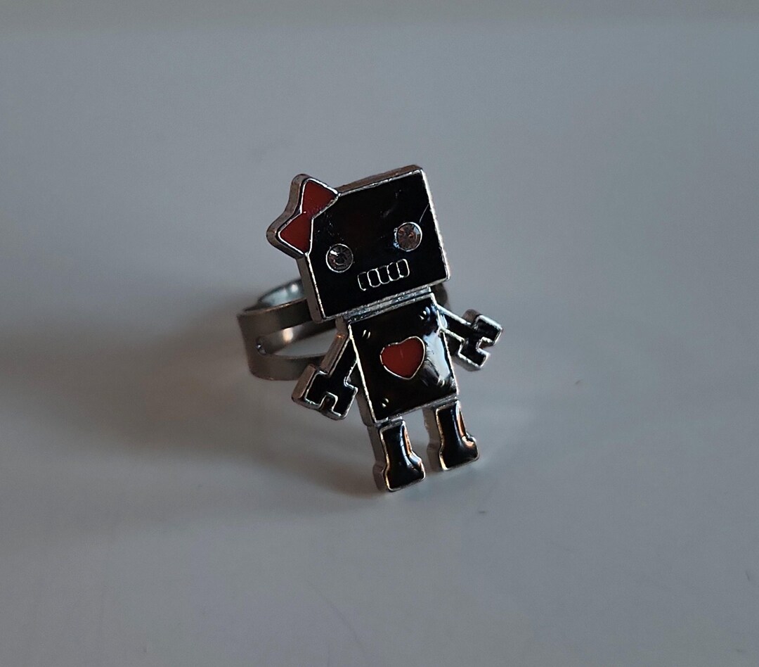 Vintage Robot Girl Red Heart Black Enamel Adjustable Ring - Etsy