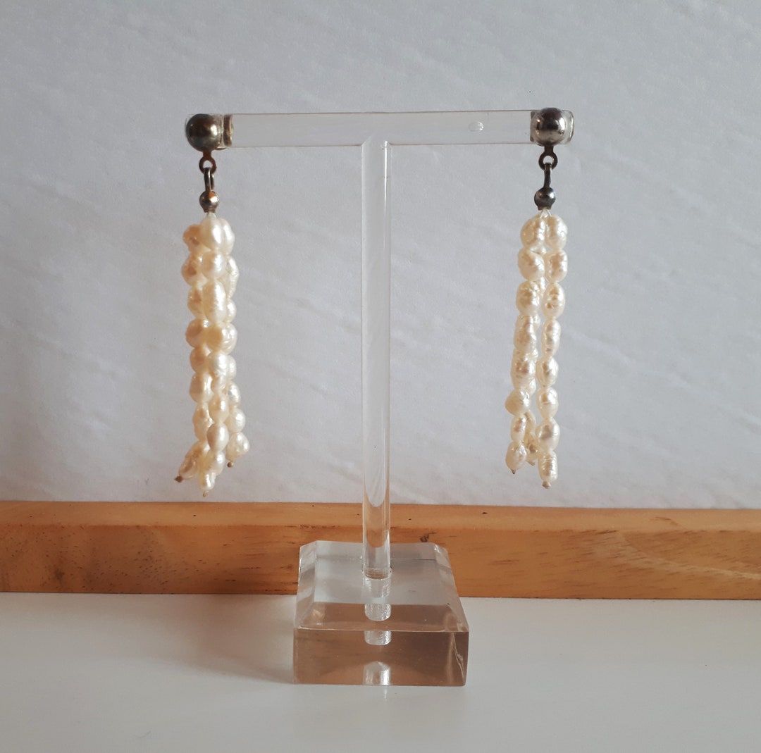 Long Vintage Rice Pearl Fringe Tassel Dangle Earrings - Etsy