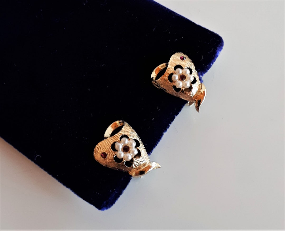 Vintage gebürstet gold Metall rhodiniert Kunstsamen Perlen rot Strass ...