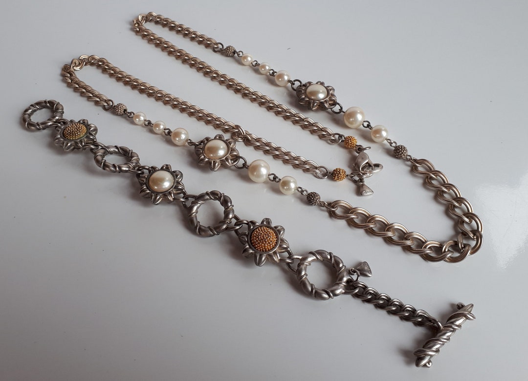 Lci LIZ CLAIBORNE Designer Jewelry Set Faux Pearl Brushed Silver and ...