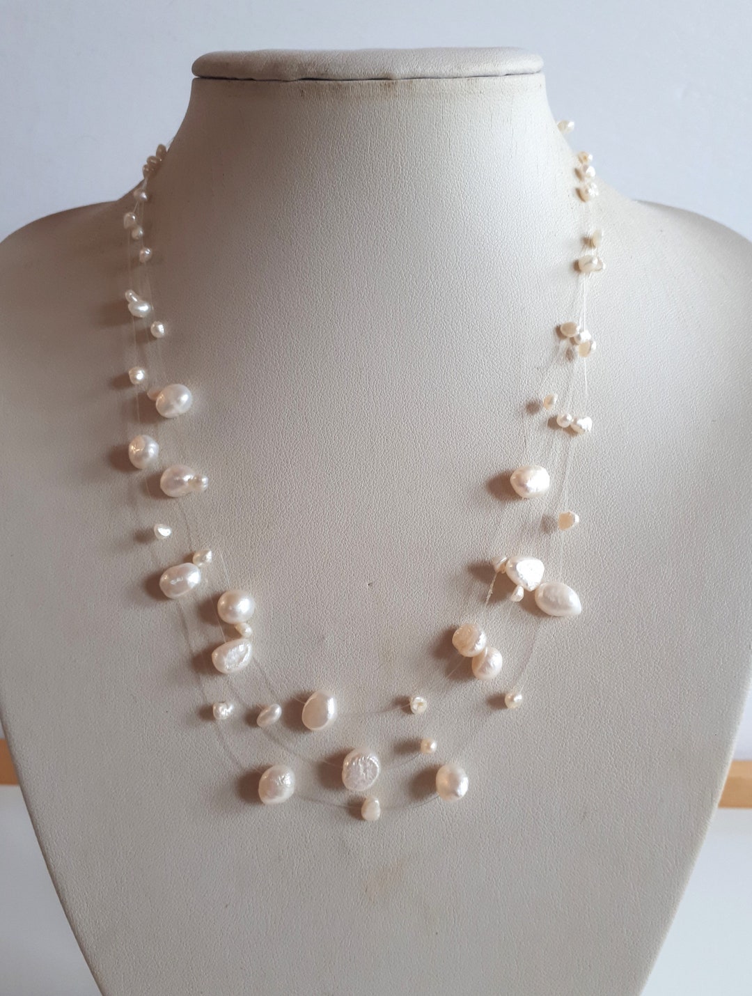 Delicate Vintage Floating White Freshwater Pearl Multi Strand Graduated ...
