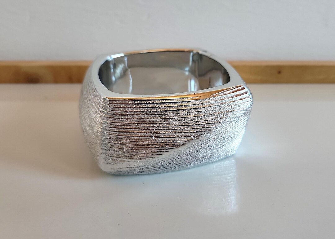 Statement Massive Vintage Textured Shiny Silver Metallic Plastic Square ...