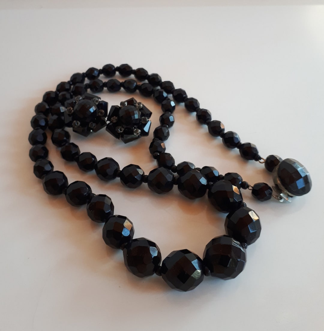 Vintage French Black Jet Glass Jewelry Set Hand Faceted Beaded ...