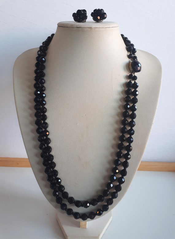 long Vintage French black jet glass jewelry set hand … - Gem