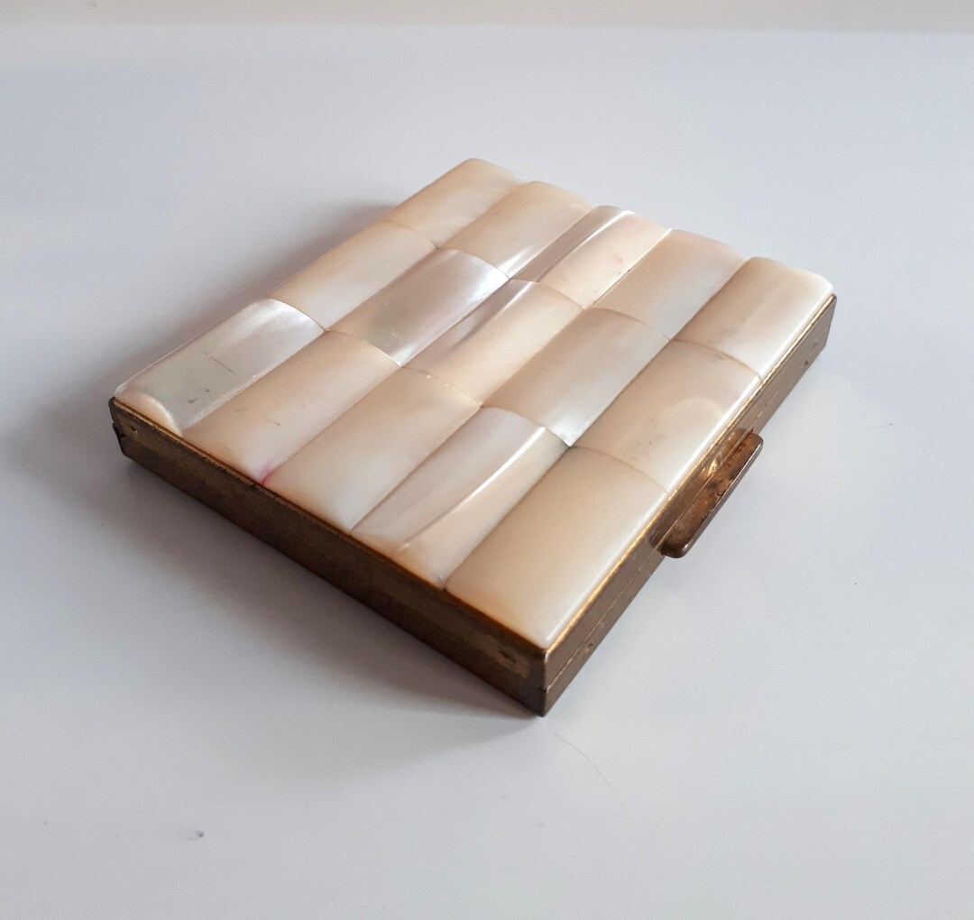 ART DECO Gold Plate Mother of Pearl MOP Shell Inlay Mosaic Top Mirror ...