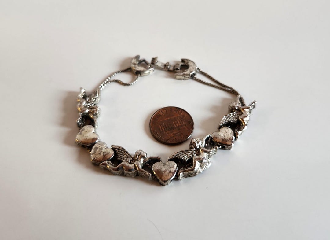 Vintage Silver Color Metal Cupid Amor Angel and Heart Slide Charm ...