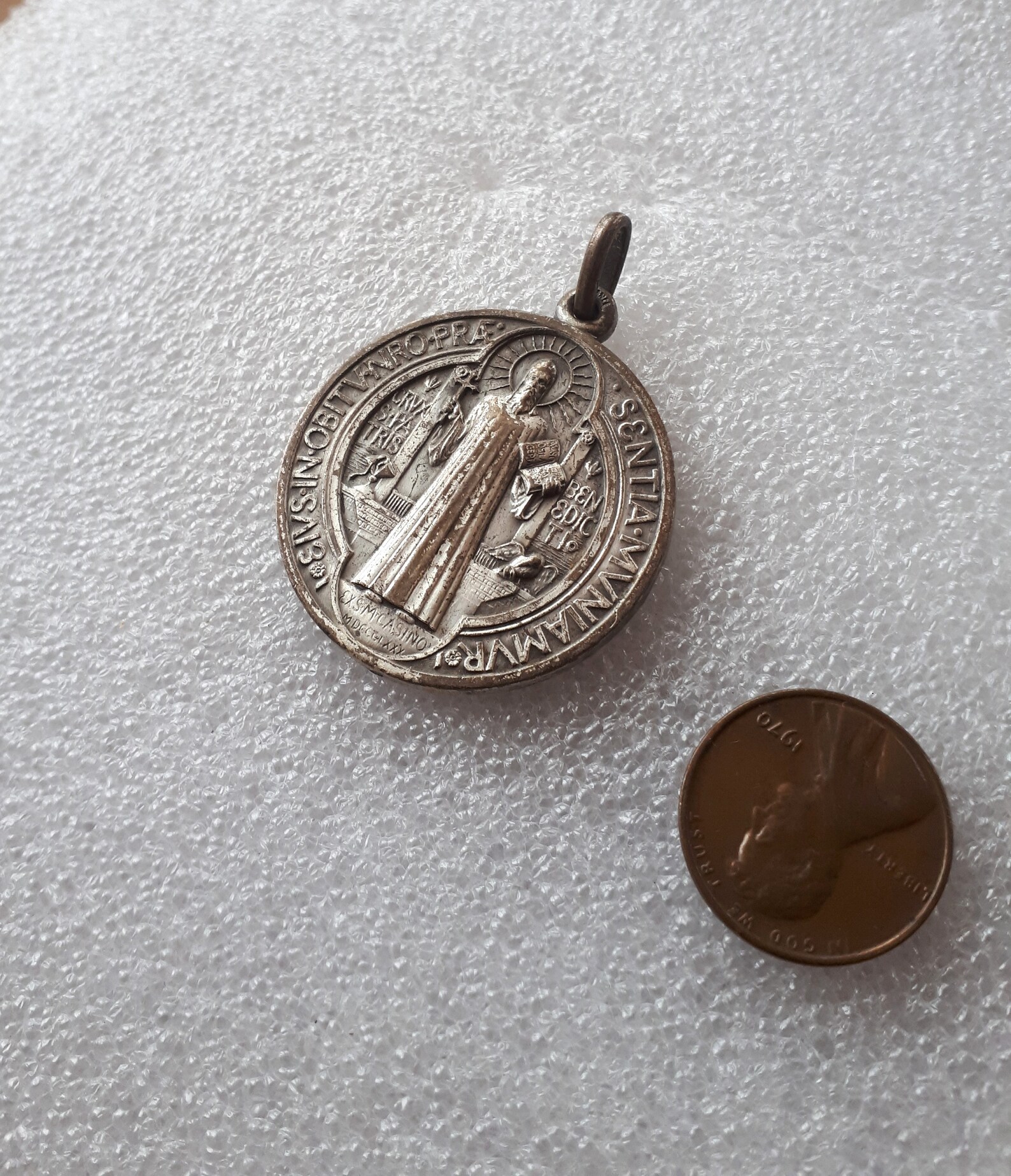Big Antique France Signed Saint Benedict Silver Plate on Bronze ...