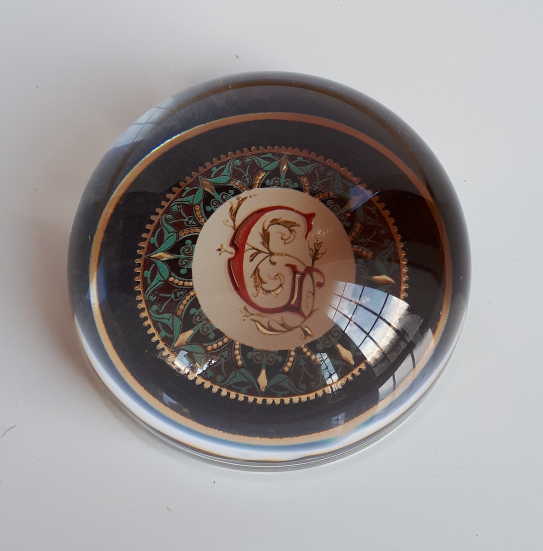 Vintage Half Sphere Orb Clear Glass Monogrammed Paperweight Victorian ...