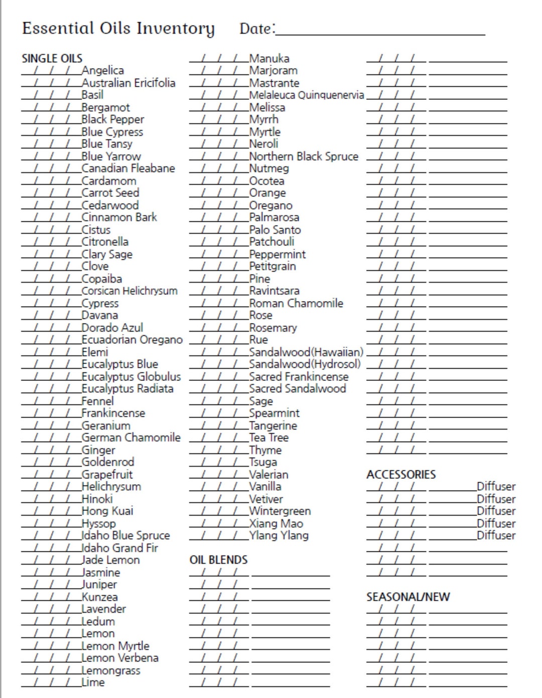 Essential Oils Option B Inventory Checklists Printable - Etsy
