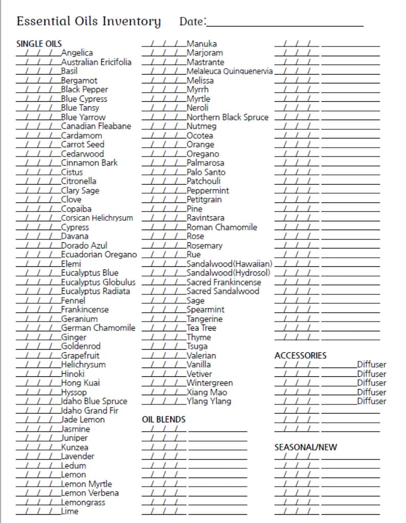 Essential Oils Option B Inventory Checklists Printable - Etsy