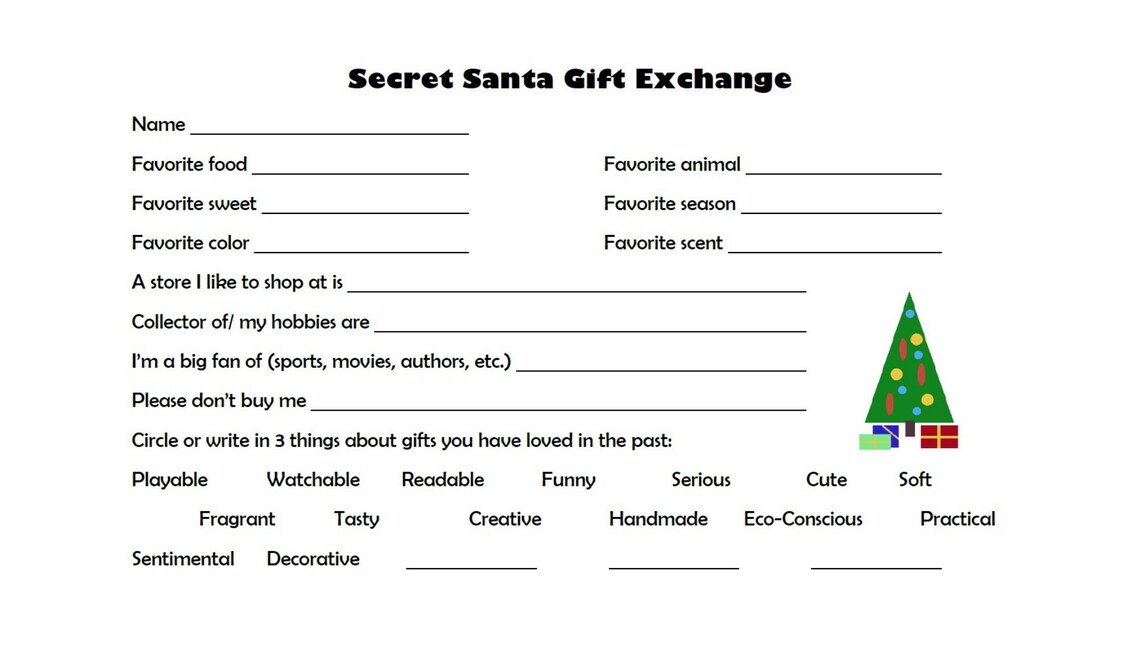 Secret Santa Holiday Gift Exchange Form Template Printable - Etsy