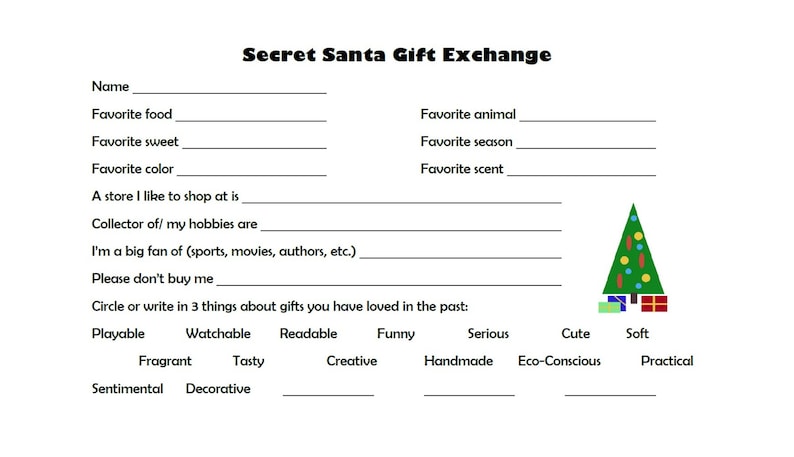Secret Santa Holiday Gift Exchange Form Template Printable - Etsy