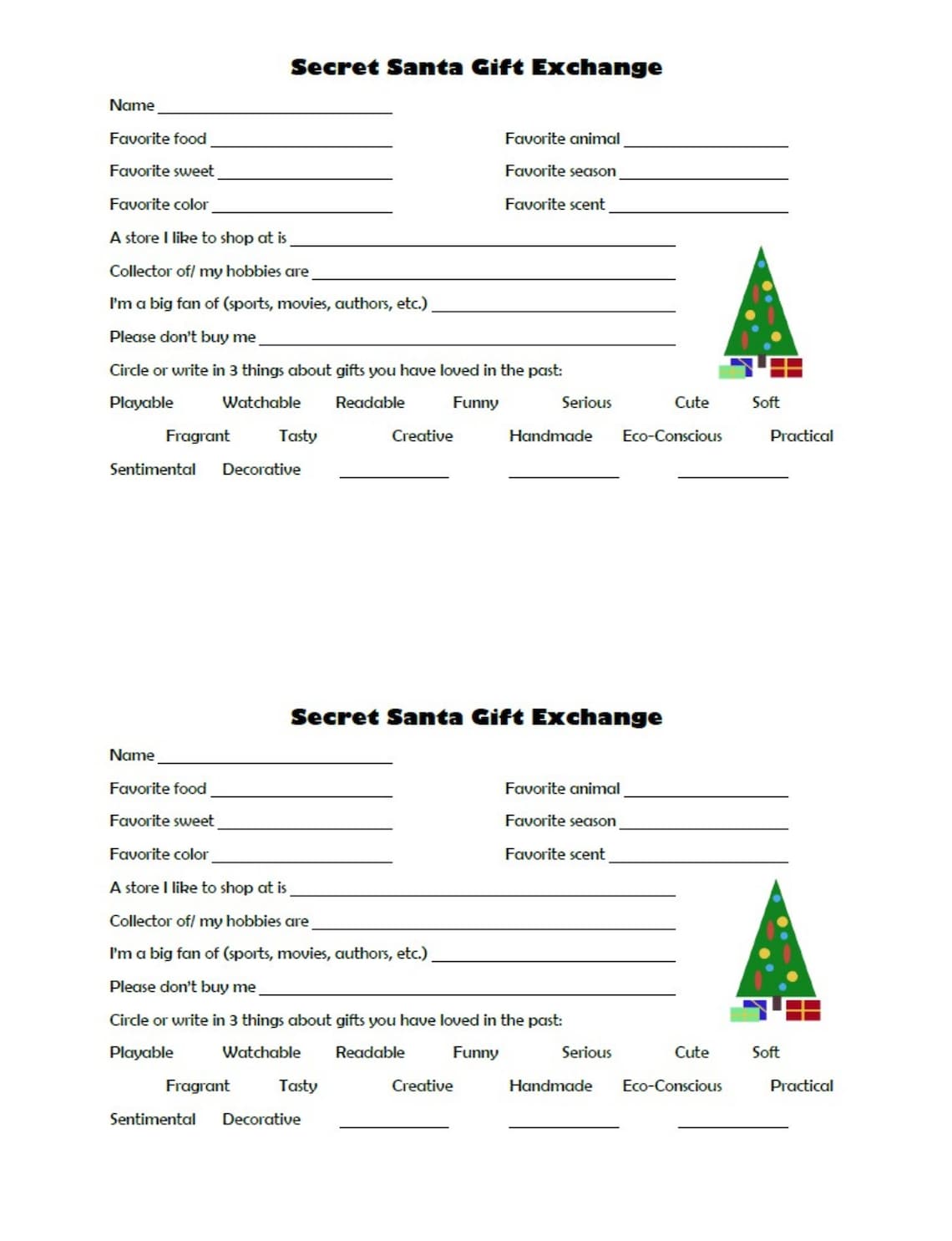 Secret Santa Holiday Gift Exchange Form Template Printable - Etsy