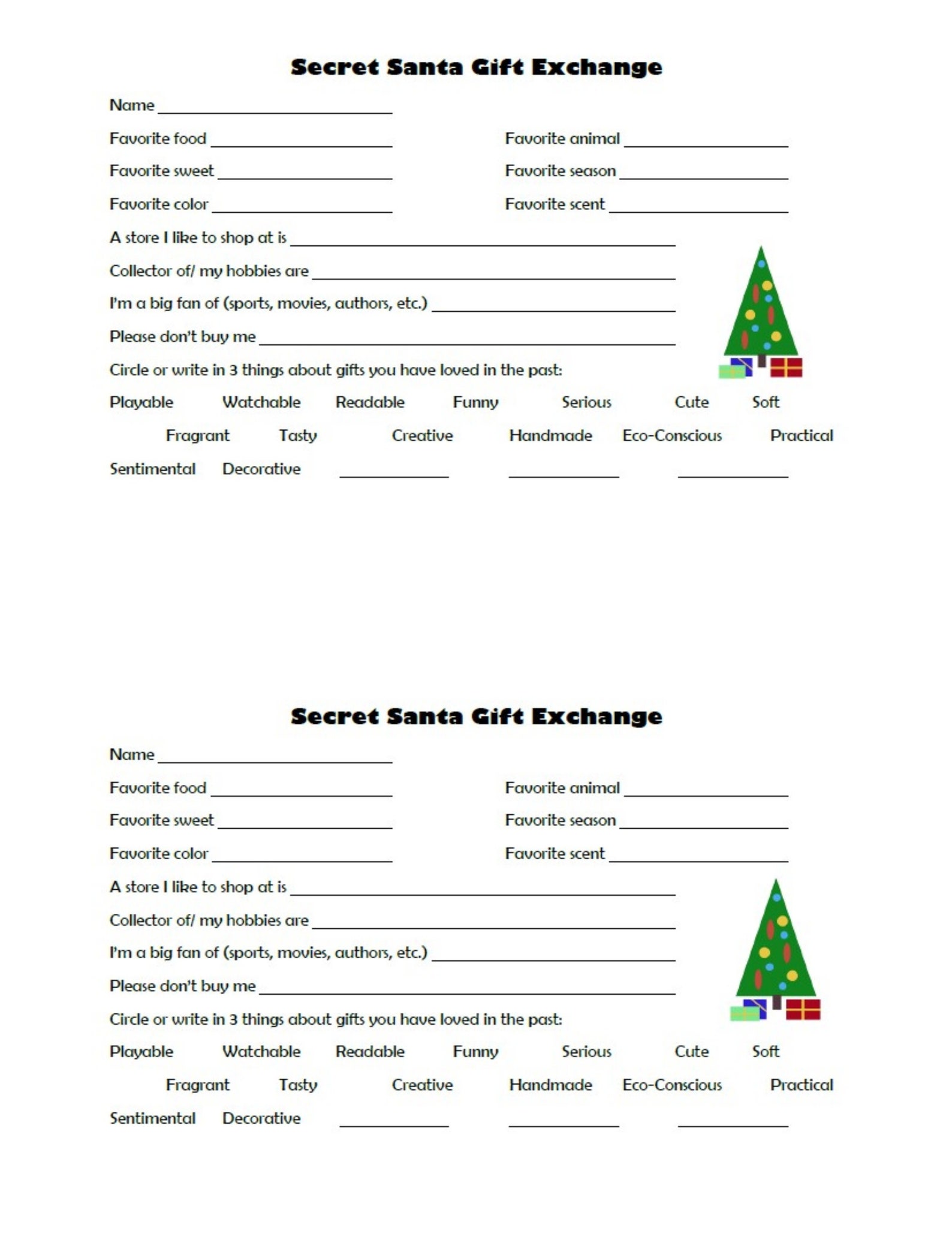 Secret Santa Holiday Gift Exchange Form Template Printable - Etsy
