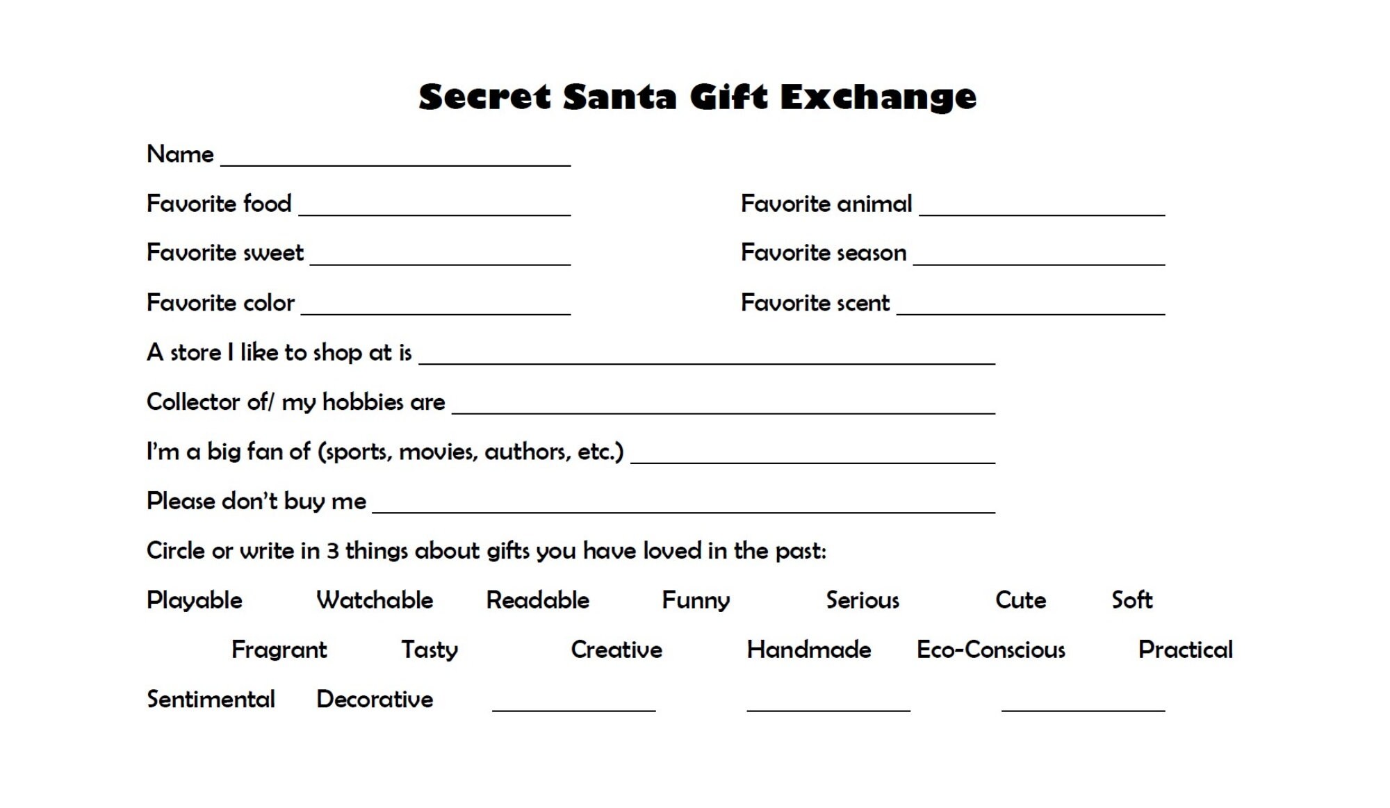 Secret Santa Holiday Gift Exchange Form Template Printable - Etsy