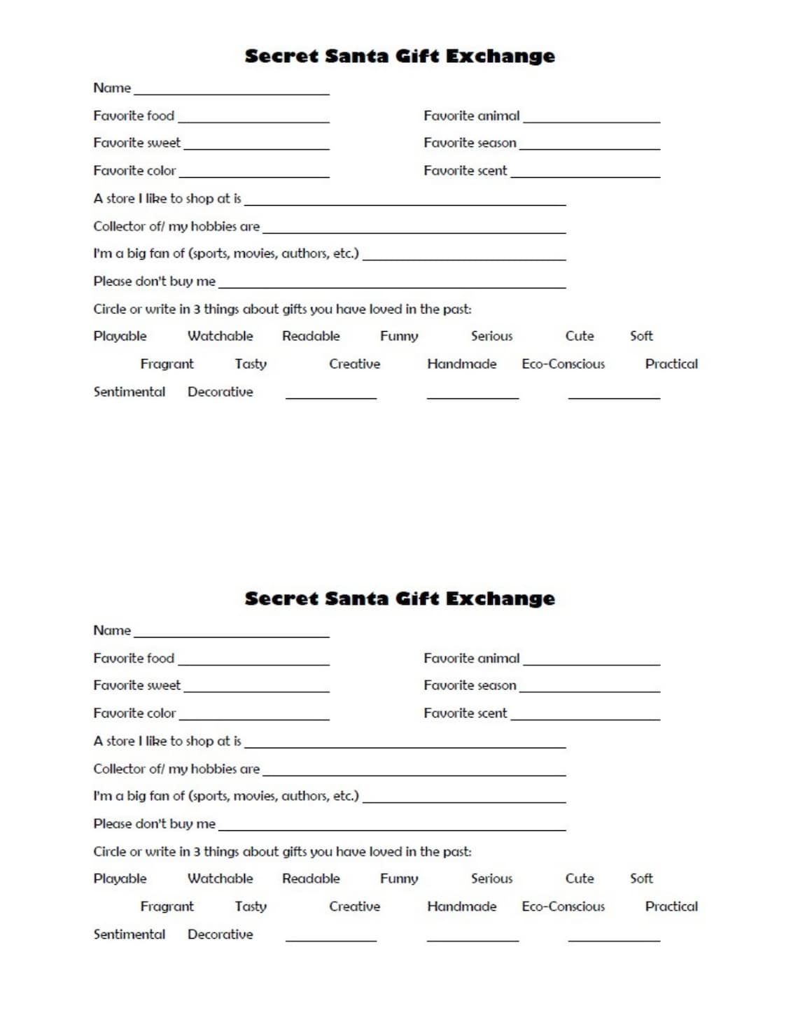 Secret Santa Holiday Gift Exchange Form Template Printable - Etsy
