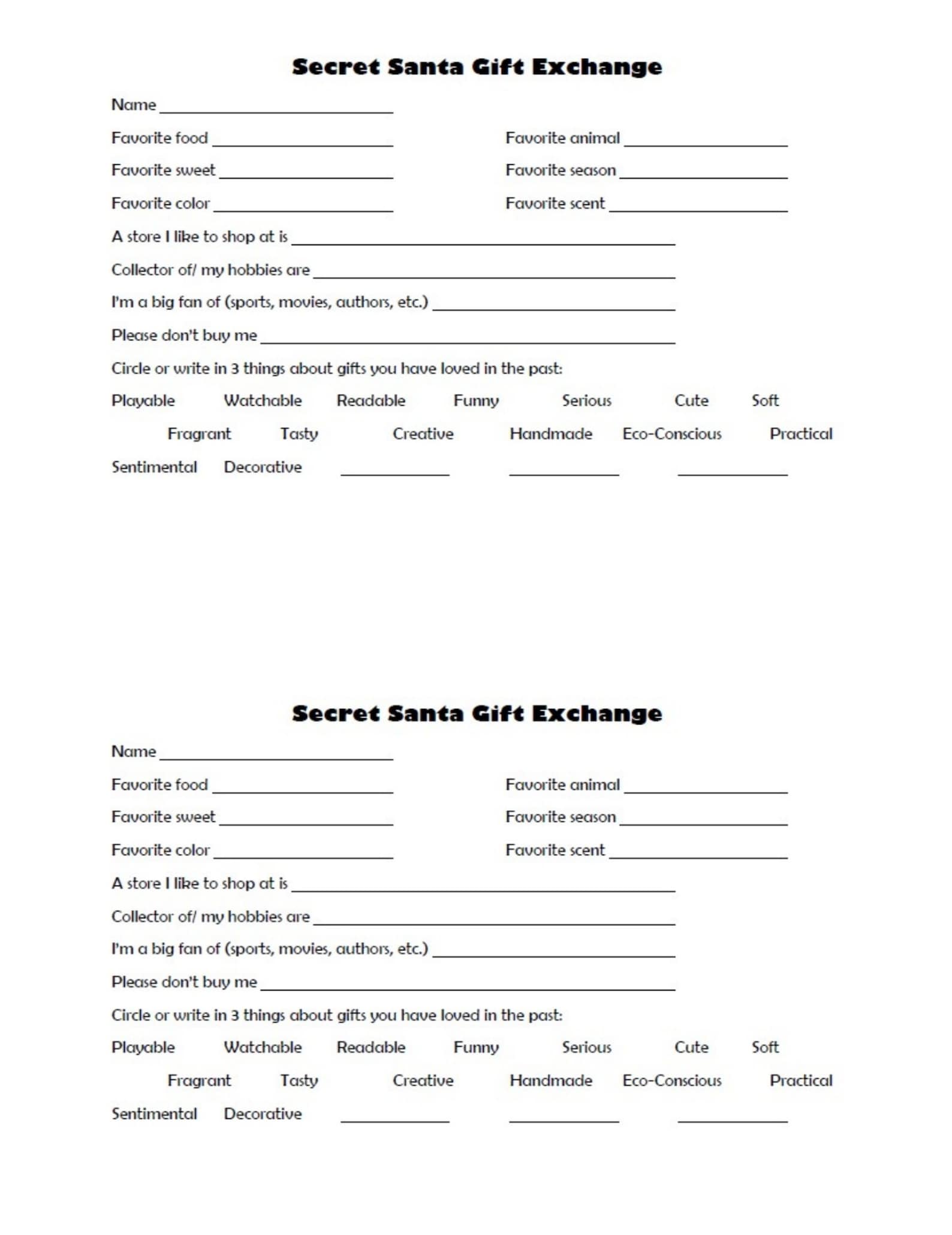 Secret Santa Holiday Gift Exchange Form Template Printable - Etsy