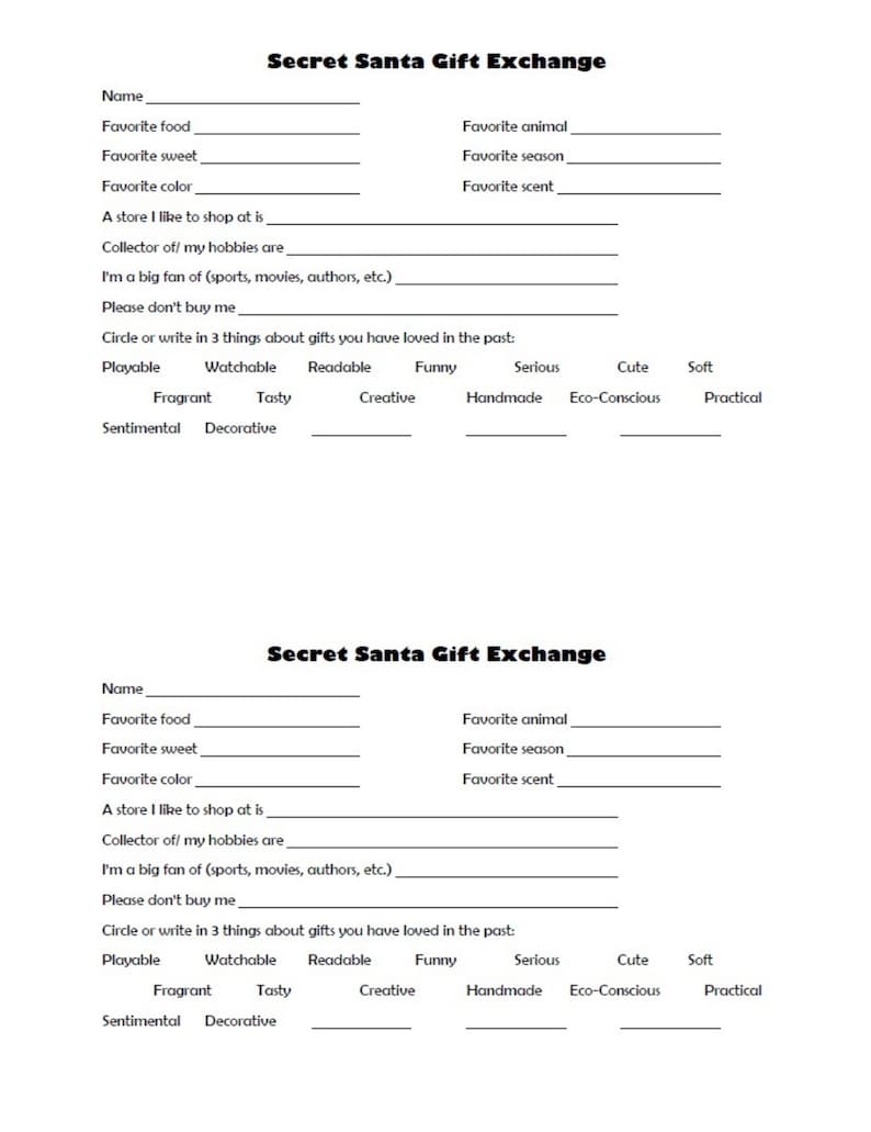 Secret Santa Holiday Gift Exchange Form Template Printable - Etsy