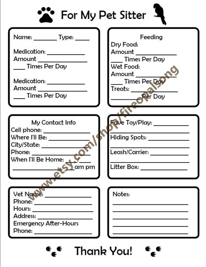Pet Sitting Notes and Instructions Printable | Etsy