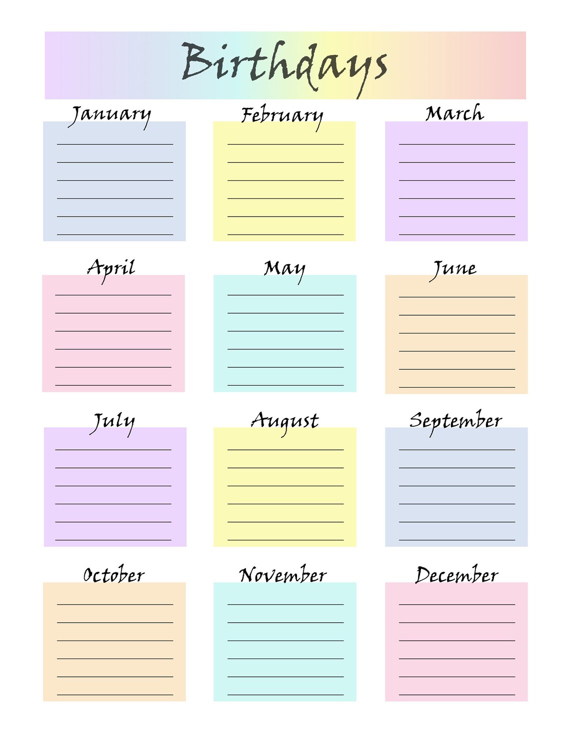 Birthday Tracker for Family and Friends Printable Calendar Worksheet - Etsy