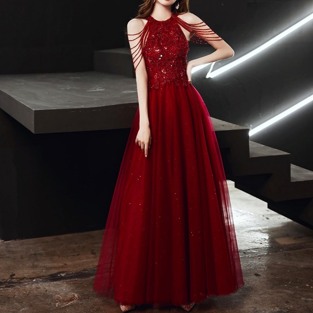 Halter Neck Red Tulle Prom Dress, Custom Made Evening Gown, Elegant ...