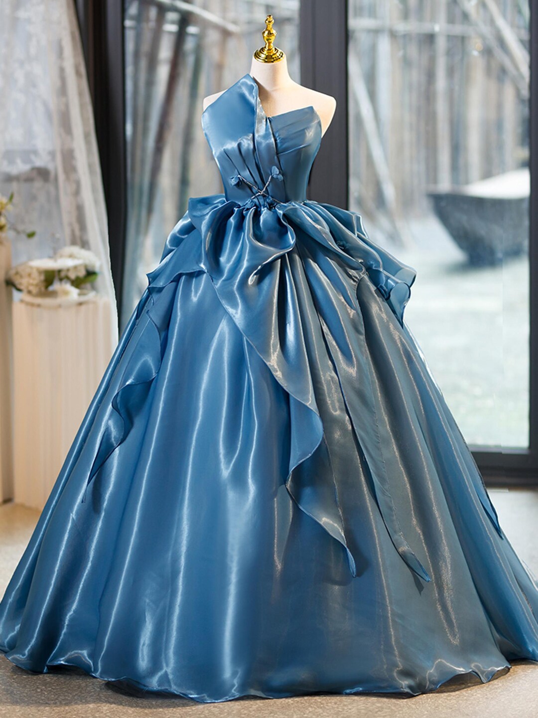Blue Tube Satin Long Prom Dress, Ball Gown, Custom Made Evening Gown ...