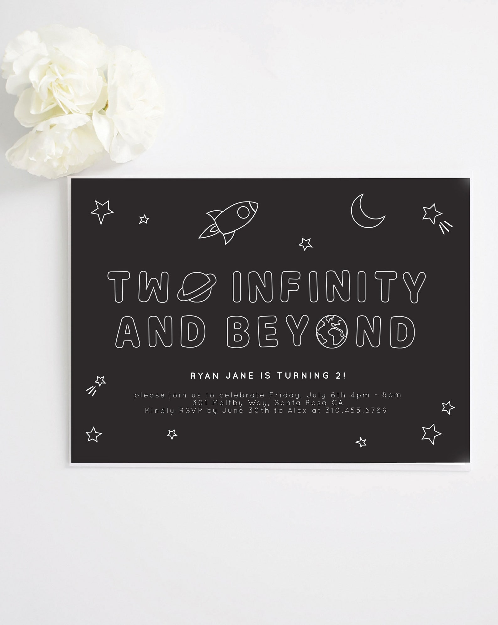 Two Infinity and Beyond Birthday Invite Moon Stars black | Etsy