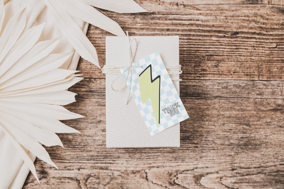 Lightening Bolt Thank You Tags | Checkered Party | Blue, Green, Black ...