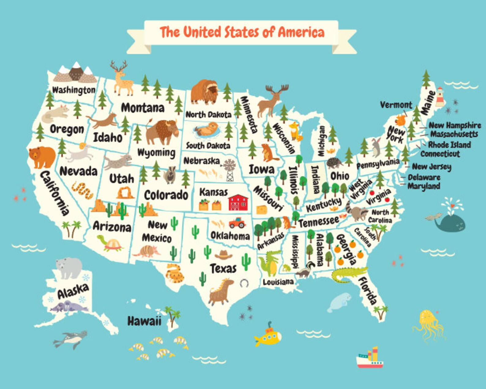 Kids US Map, 8 X 10 In, 11 X 14 In, 20 X 30 In, USA Map, North America ...