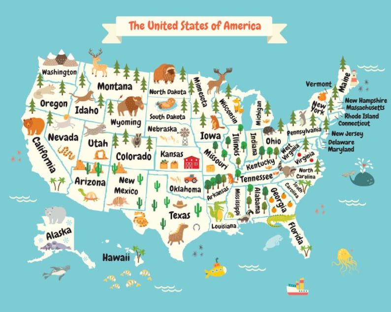 Kids US Map, 8 X 10 In, 11 X 14 In, 20 X 30 In, USA Map, North America ...